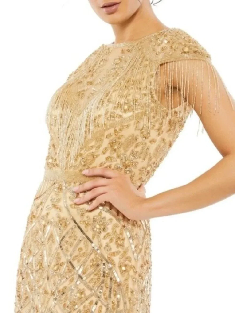 Mac Duggal | Dresses | Mac Duggal Light Gold Embellished Fringe Cap ...